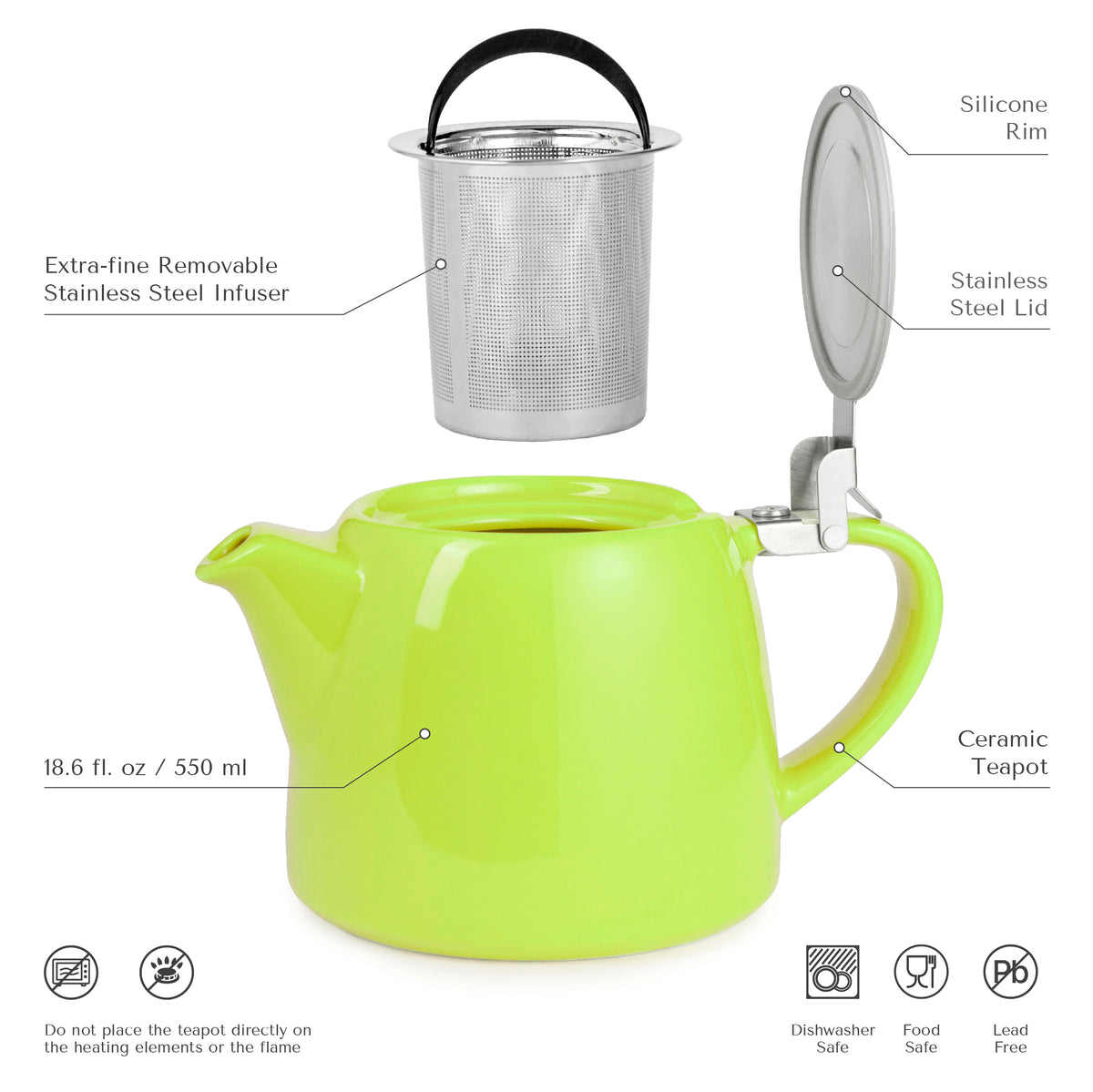 ORNA Ceramic Teapot with Basket Infuser and Stainless Steel Lid in Lim